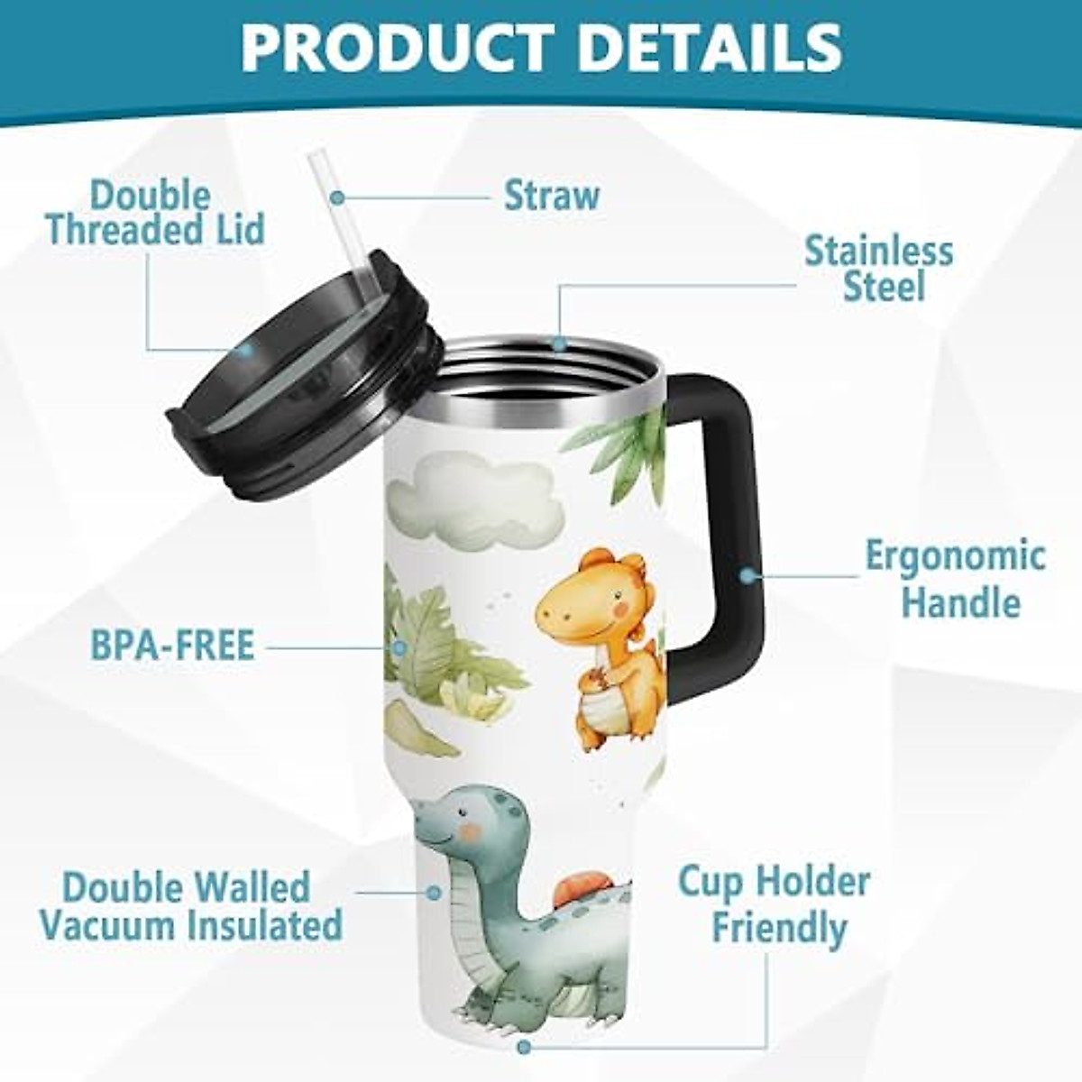 FRCSDIY Cartoon Dinosaur Insulated Tumbler with Handle and Straw Lid,30oz Leakproof Stainless Steel Cup BPA-Free Water Bottle