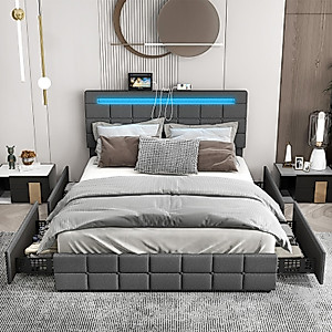 KOMFOTT Queen Bed Frame with Charging Station & LED Lights, Upholstered Platform Bed Frame with Adjustable Headboard & 4 Storage Drawers, Solid Wooden Slats Support, No Box Spring Needed, Noise Free