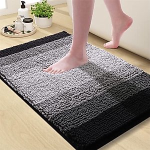 OLANLY Bathroom Rug, Extra Soft Chenille Thick Absorbent Shaggy Mat, Non-Slip Machine Wash Dry Plush Bath Mats for Bathroom, Tub and Shower (24 x 16 Inch, Black)