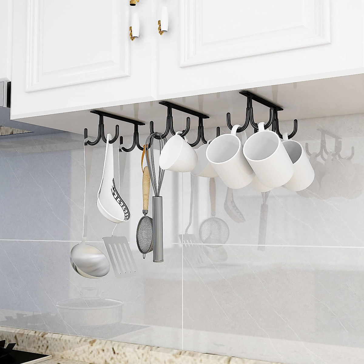 Dorhors Under Cabinet Coffee Mug Holder, Coffee Cup Holder for Kitchen,Set of 3 Mug Hooks with Rubber Protective Layer,Under Cabinet Mug Rack for Kitchen,Coffee Bar,Black