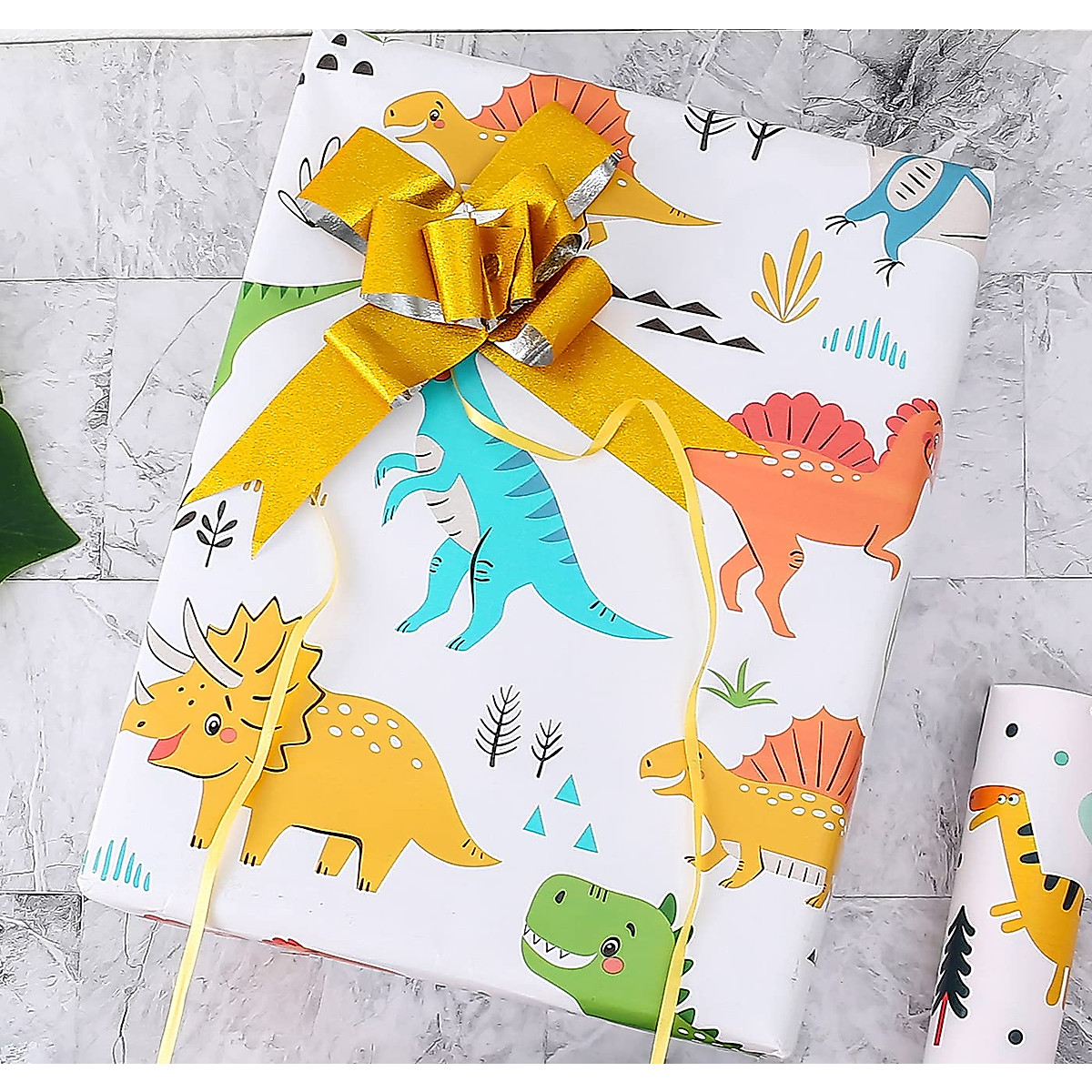 U'COVER Cute Dinosaur Birthday Wrapping Paper for Boys Girls Kids Baby Shower 3 Styles Cartoon Animal Monster Gift Wrapping Paper Roll for Holiday Anniversary Graduation (3 ROLL-44.4 sq.ft.ttl