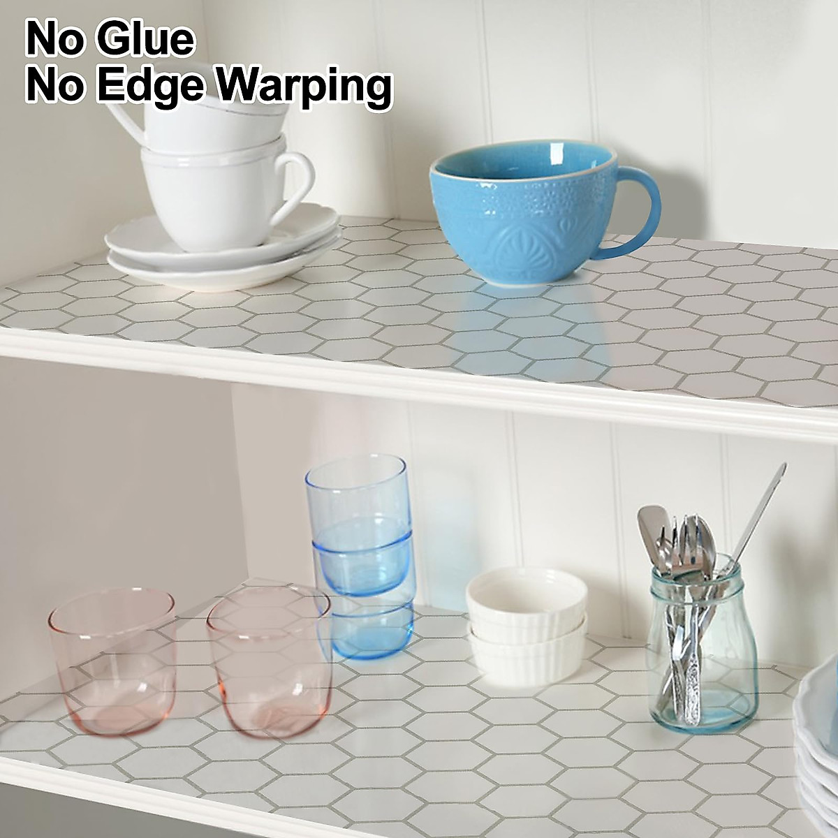 Drawer and Shelf Liner for Kitchen Cabinets: Non Adhesive, Non Slip, Thick Strong Grip Waterproof Washable for Kitchen Cabinets, Drawer, Fridge, Wire Shelving (Silver Geometry, 12 in × 10 FT)