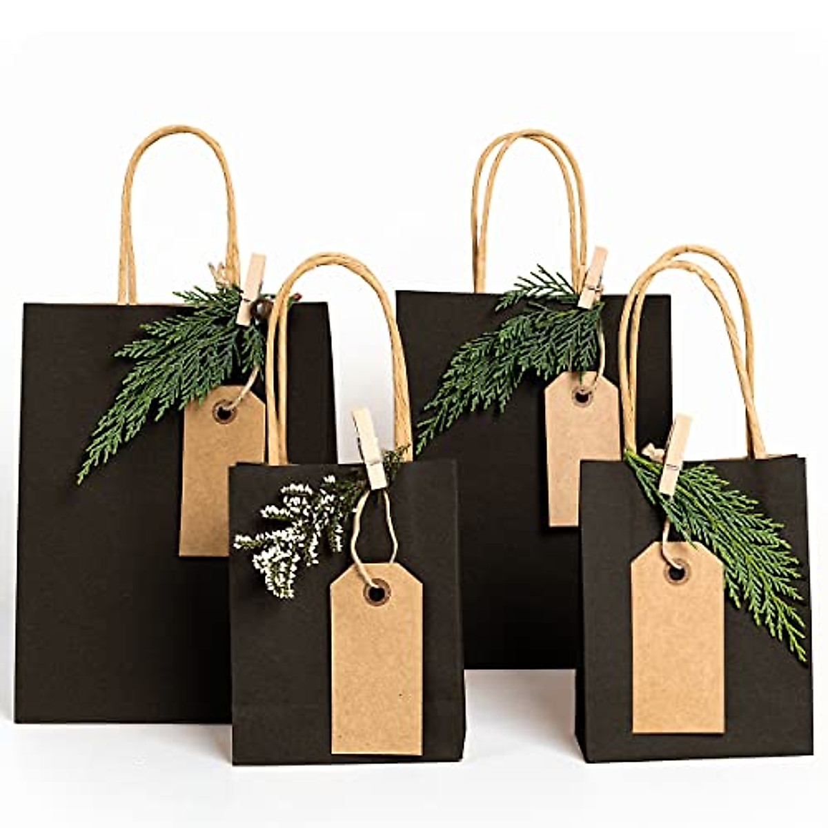 Poever Black Kraft Paper Bags with Handles 5x3x8 & 8x4x10 & 10x5x13 30 PCS, Gift Bags Shopping Bags Goody Bags Recyclable for Birthday Party Takeouts Retail Grocery