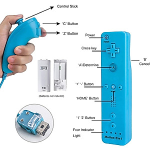 Poulep Gesture Controller and Nunchuck Joystick with Silicone Case for Wii Wii U Console (black + light blue)