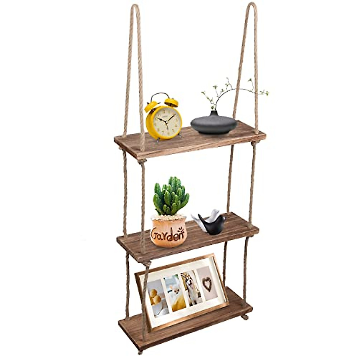 Rope Floating Shelves for Wall Hanging Shelf ,Rustic Wood Storage Shelves ,Wall Decorations for Bedroom, Kitchen, Office, Living Room, Bathroom (3tiers)
