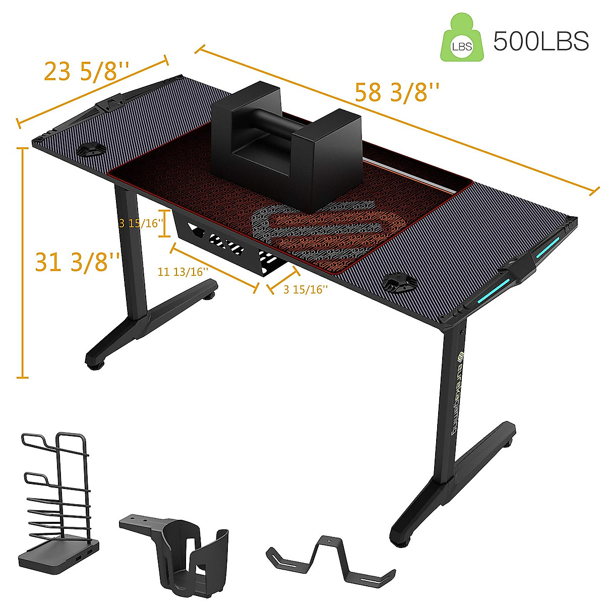 DESIGNA 55 Inch Gaming Desk with Led Lights, RGB Large Gaming Computer Desk with Free Mouse Pad,PC Gaming Table Gamer Desk Workstation with USB Handle Rack, Cup Holder,Headphone Hook, Black