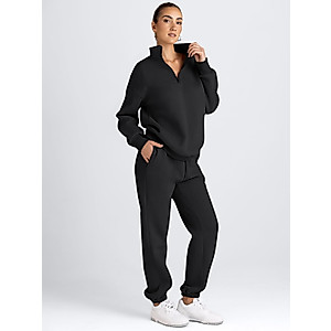AUTOMET Women's Sweatsuits 2 Piece Outfits Long Sleeve Half Zip Pullover and Baggy Sweatpants with Pockets Black M