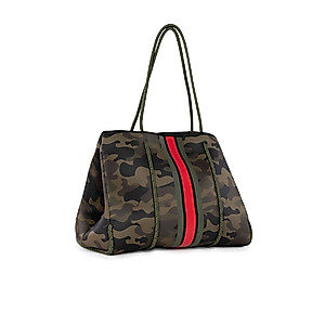 Haute Shore - Greyson Soho Neoprene Tote Bag w/Zipper Wristlet Inside, Green Camo W/Olive, Black, & Red Stripe