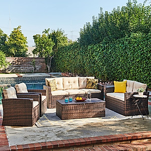 Thy-Hom Rio 5 Piece Outdoor Patio Furniture Sets, Patio Furniture Outdoor Sectional Sofa, All Weather Woven Wicker Patio Sofa Brown PE Rattan Patio Conversation Set w/Cushion and Table