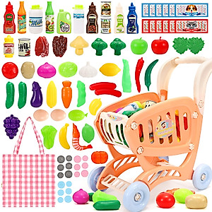 Tagitary Shopping Cart Toy for Kids,82 PCS Toddler Play Grocery Cart with Shopping Bag,Included Pretend Plastic Food Veggies,Play Money Cash and Coins, Learning Toys Play Kitchen Accessories for Kids