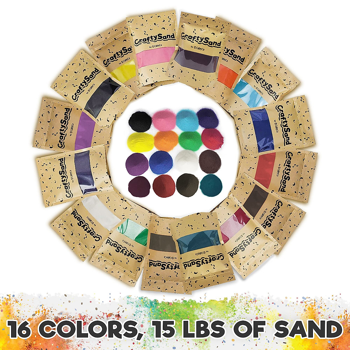 CuteyCo CraftySand’s Big Pack: 16 lbs & 16 Colors for Kids’ Play Sand, Sand Art