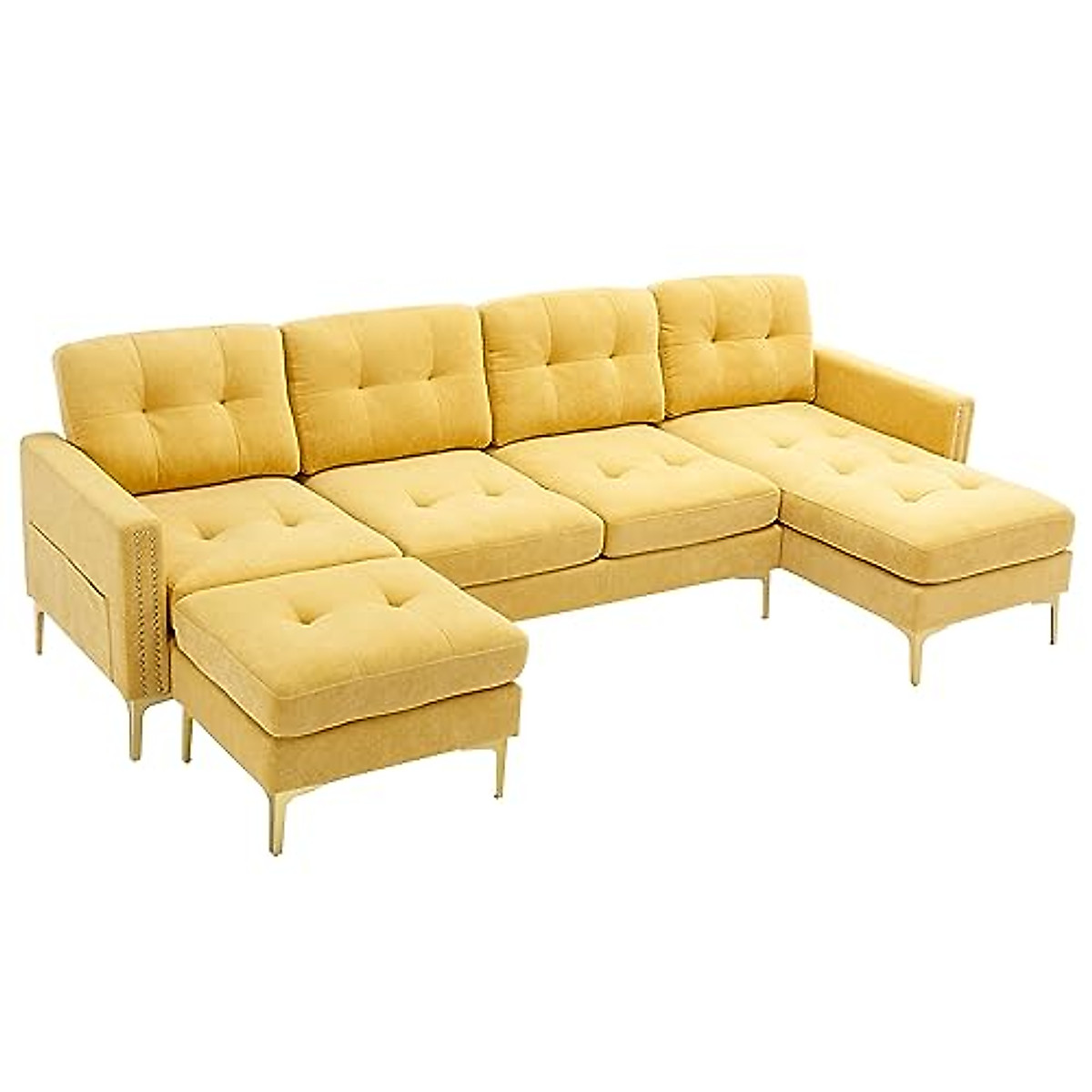 UBGO 110" Large Sofa,Living Room Furniture Sets,U/L-Shape Sectional Chaise Lounge and Convertible Ottoman,Velvet Couches for Apartment,Office (Yellow)