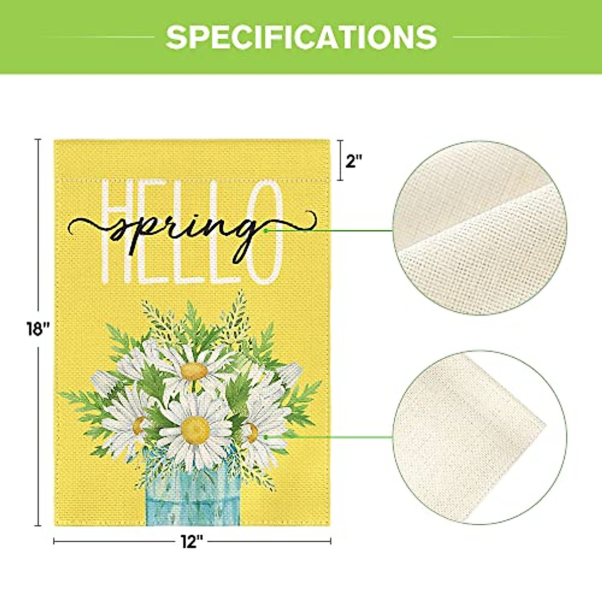 AVOIN colorlife Hello Spring Daisy Garden Flag 12x18 Inch Double Sided Outside, Floral Mason Jar Seasonal Yard Outdoor Flag