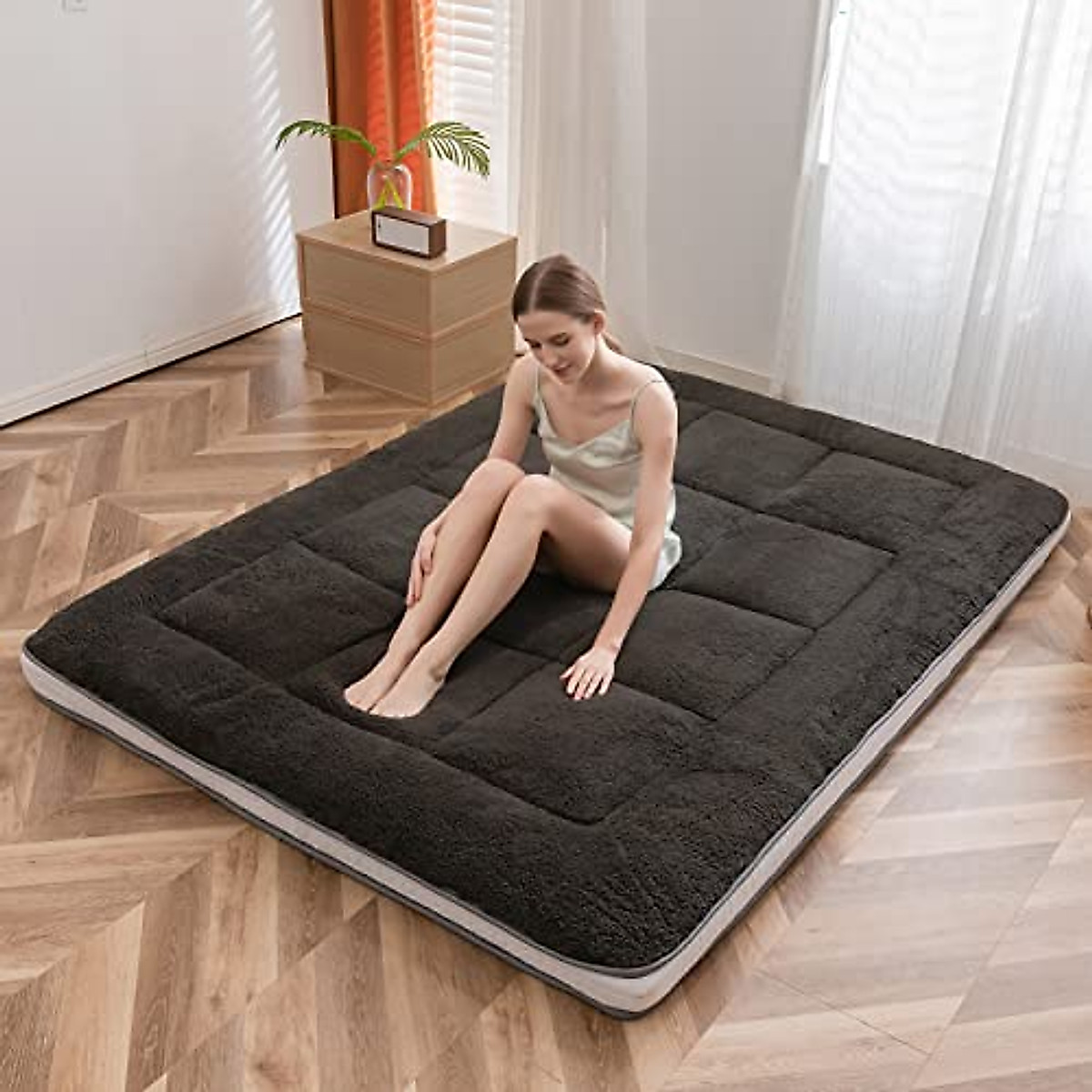 MAXYOYO Japanese Queen Size Futon Mattress, Upgraded Ultra Soft Fluffy Trifold Mattress, Dark Grey