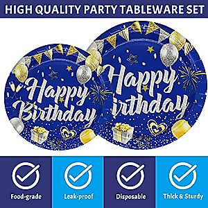 VYTSYD Blue Birthday Party Decorations Packs, 120 Pcs Blue and Gold Foil Dots Happy Birthday Party Supplies for Men Boys | Navy Blue Plates and Napkins Cups Straws Cutlery Set, Serve 24