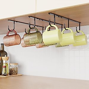 Luckinow 3 Pack Mug Hooks Under Cabinet, Coffee Mug Holder for Hanging Under Shelf, Coffee Cup with 9 Hooks for Displaying Mugs, Coffee Cups and Kitchen Utensils, Black