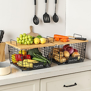 2 Set Kitchen Counter Basket with Bamboo Top - Pantry Cabinet Organization and Storage Wire Basket - Countertop Organizer for Produce, Fruit, Vegetable (Onion, Potato), Bread, K-Cup Coffee Pods