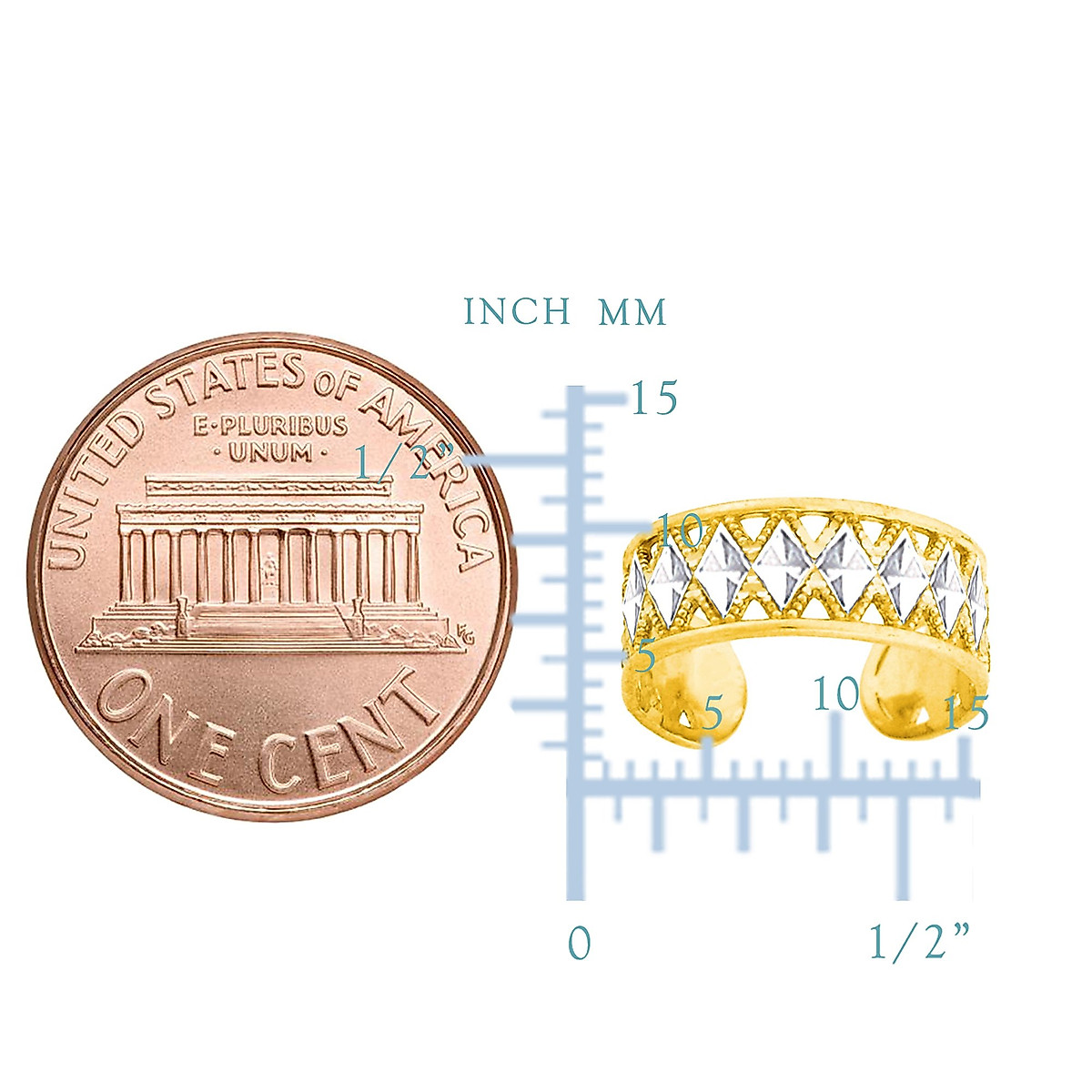 Jewelry Affairs 14K White And Yellow Gold Diamond Cut And Millgrain Design Adjustable Toe Ring 6mm