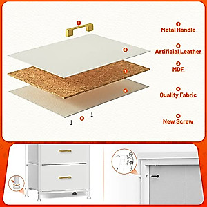 YILQQPER Dresser for Bedroom with 5 Drawers, Tall Storage Tower for Closet, Living Room, Nursery, White Dresser with Sturdy Steel Frame, Fabric Bins, Leather Finish, Wood Top (Glacier White)