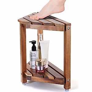 Boulphia Shower Stool for Inside Shower 13.8in, Acacia Wood Shower Foot Rest, Waterproof Shower Stool for Shaving Legs, Corner Shower Stool for Inside Small Shower Spaces