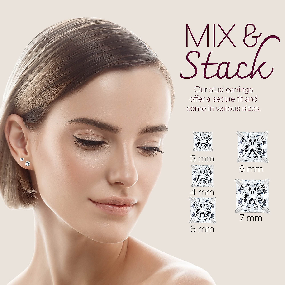 14k White Gold Solitaire Square Princess-cut CZ Stud Earrings with Comfort Screw-backs (3mm)