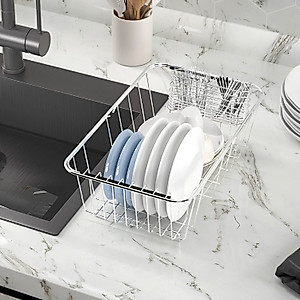 Sink Dish Drying Rack, 304 Stainless Steel Rustproof Expandable Dish Drainer Organizer with Stainless Steel Silverware Holder Over Inside Sink-Adjustable 14.96" to 20.59" （Maximium 11 Upright Dishes ）