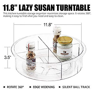 Popdylan Lazy Susan,360 Rotating Clear Plastic Spice Rack with Dividers,11.8“ Turntable Cabinet Organizer for Cabinet, Fridge, Kitchen, Bathroom, Vanity Display Stand 11.8in