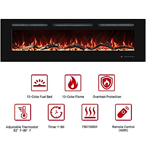 60" Electric Fireplaces Inserts, Recessed & Wall-Mounted Fireplace Heater with Thermostat, Multicolor Flames,Timer, Log & Crystal, 750/1500W