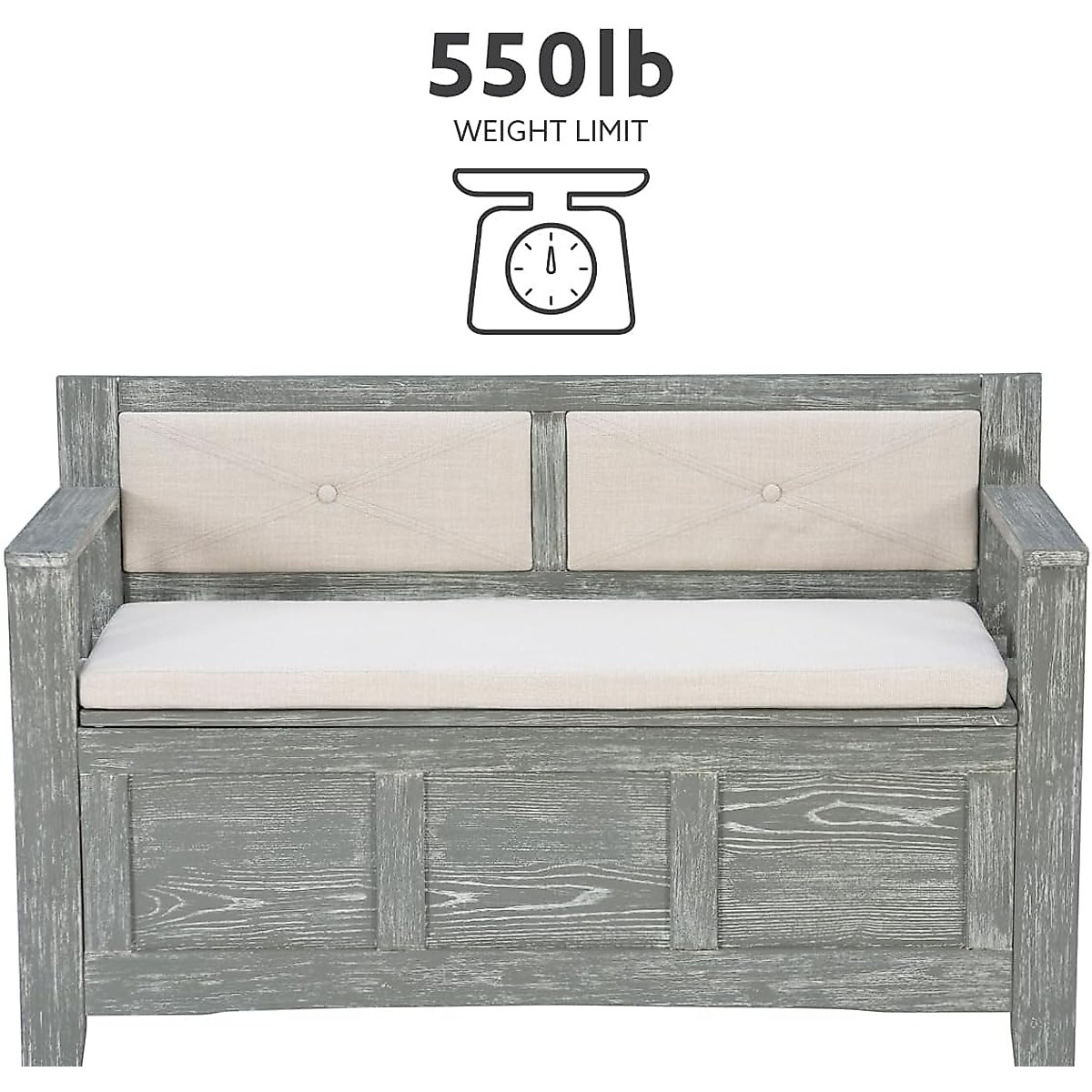 Linon Weathered Grey Carlton Storage Bench with Beige Upholstered Back and Cushioned Seat