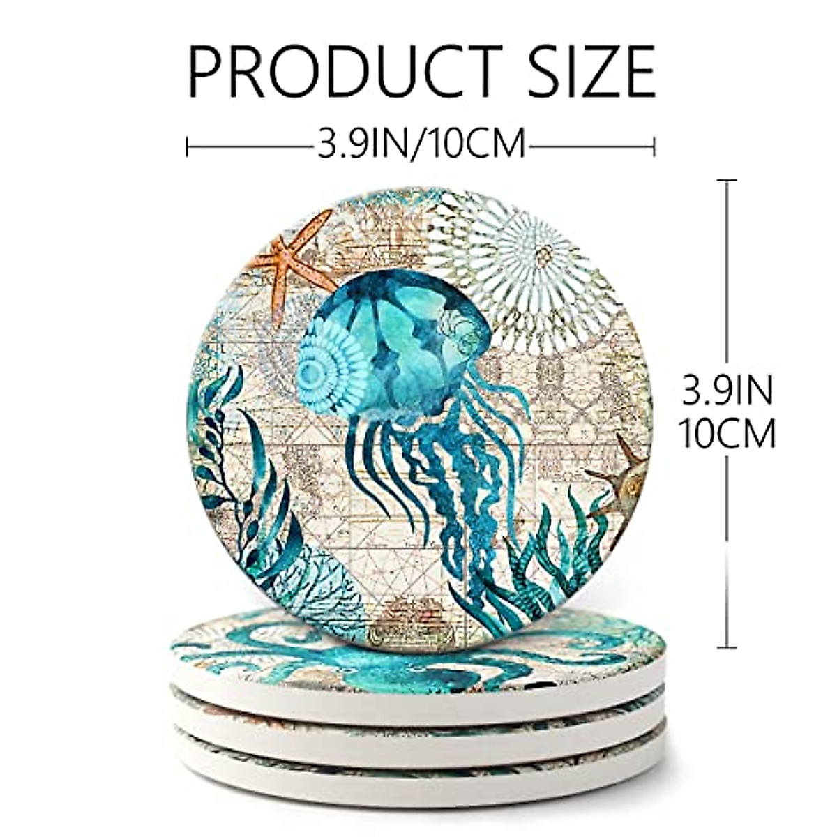 Absorbent Coasters Stone Coaster Set of 8, Cork Base, with Holder, RayPard Beach Theme Sea Life Coastal Coasters for Housewarming Apartment Kitchen Room Bar Decor ,Ocean Life(Black Holder)