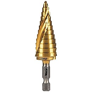 Klein Tools 25962 Step Drill Bit, 3/16 to 7/8-Inch, Spiral Double-Fluted, Cuts Thin Metal, Plastic, Aluminum, Wood, 1/4-Inch Hex Shank, VACO