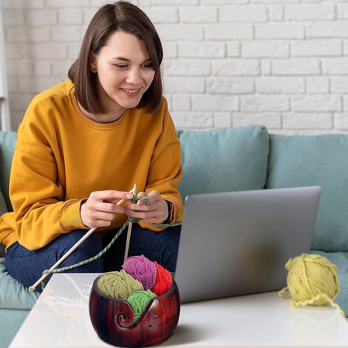 IUAQDP Wooden Yarn Bowls for Crochet Knitting Wool Storage Basket Round with Holes Handmade Craft Crochet Kit