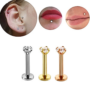 3Pairs 18g Round CZ Labret Cartilage Tragus Monroe Lip Nose Helix Studs Earrings for Women Men Stainless Steel Cubic Zirconia Huggie Stud Fashion Piercing Jewelry Gifts (gold)