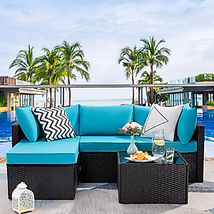 VITESSE Patio Furniture Sets All Weather Outdoor Sectional Sofa Manual Weaving Wicker Rattan Patio Conversation Set with Cushion and Glass Table (5 Pieces, Light Blue)