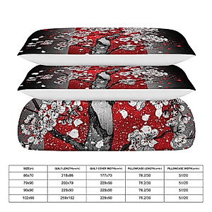 Japanese black white ink style Samurai sword red Sakura 3D print Duvet Cover Queen Size Ultra Soft and Breathable Bedding Comforter Cover Set 3 Pieces with Zipper Closure Duvet Cover & 2 Pillow Shams