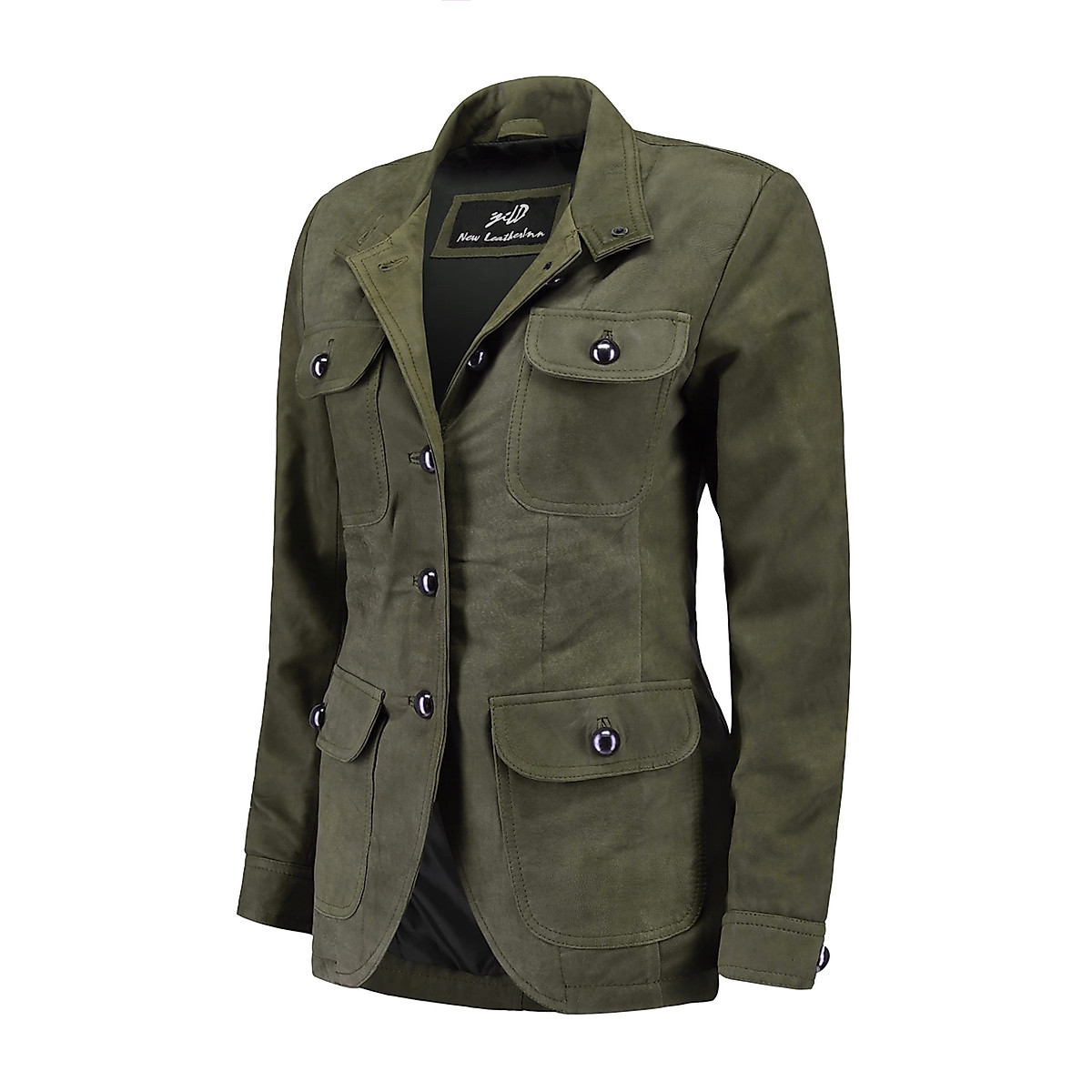 Jild Fancy 5-Button Four Pocket Double Back Slit Leather Blazer Women - Vintage Suede Look Cuff Sleeves Leather Jacket Women (ZC-Green-M)