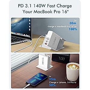 Dericam iPhone Charger USB C, 140W GaN Charger PD 3.1 Fast Charging, 3-Port Wall Charger Block for MacBook Pro/Air,iPad,IPhone14/13/12/11/X,Galaxy S22/S21,Dell XPS, ThinkPad,Pixelbook and More-White