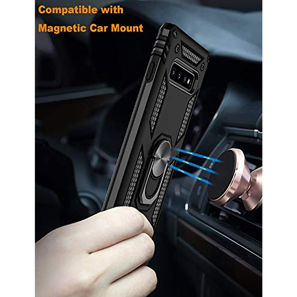 Galaxy S10+ Plus Case, Military Grade Drop Tested, Magnetic Ring Kickstand, Car Mount Compatible, Protective Black Cover