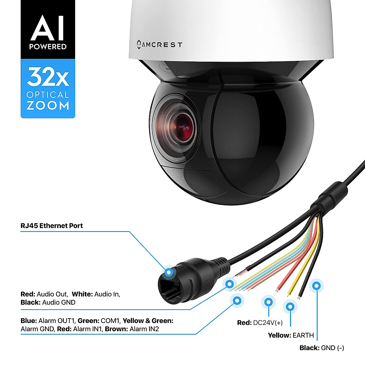 Amcrest 4MP Outdoor PTZ POE + IP Camera Pan Tilt Zoom (Optical 32x Motorized) UltraHD POE+ Camera Security Speed Dome, People and Vehicle Detection AI, 492ft Night Vision POE+ (802.3at) IP4M-1083EW-AI