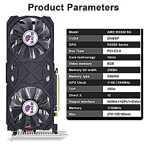KAER RX580 8GB Graphics Card GDDR5 256bit Computer Graphics Card with Dual Fans 1284/7000MHz,PCI Express 3.0 Gaming Graphics Card, DVI HDMI DP Desktop