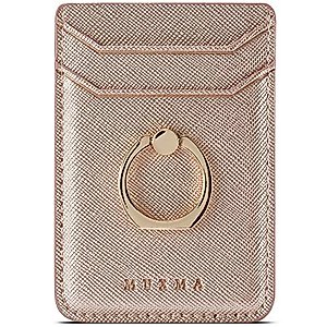 TOPWOOZU Phone Card Holder with Ring Grip for Back of Phone,Adhesive Stick-on Credit Card Wallet Pocket for iPhone,Android and Smartphones Rosegold