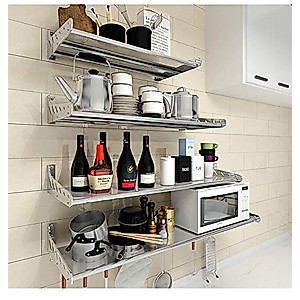 Funan Mountain Stainless Stell Wall Mount Shelf with Hooks 304 Bathroom Kitchen Commercial Shelf Rack Restaurant Bar Multifunctional Storage Shelf (10.63, 31.5)