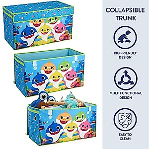 Idea Nuova Baby Shark 4 Piece Storage Solution Set with Pop Up Hamper, Collapsible Storage Trunk and 2 Nestable Storage Bins