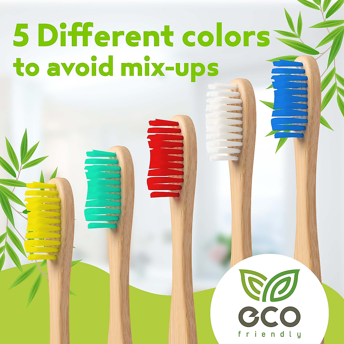 Bamboo Toothbrushes Pack of 5 - Cotton Buds & Dental Floss Included - Organic & 100% Biodegradable - Medium Firm Bristles, Plastic-Free Packaging