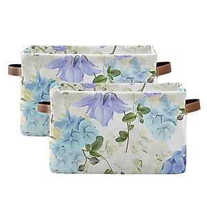 susiyo Blue White Hydrangea Flowers Storage Bins 2 Pcs, 14 x 10 inch Canvas Storage Basket for Shelves Closet Organizing