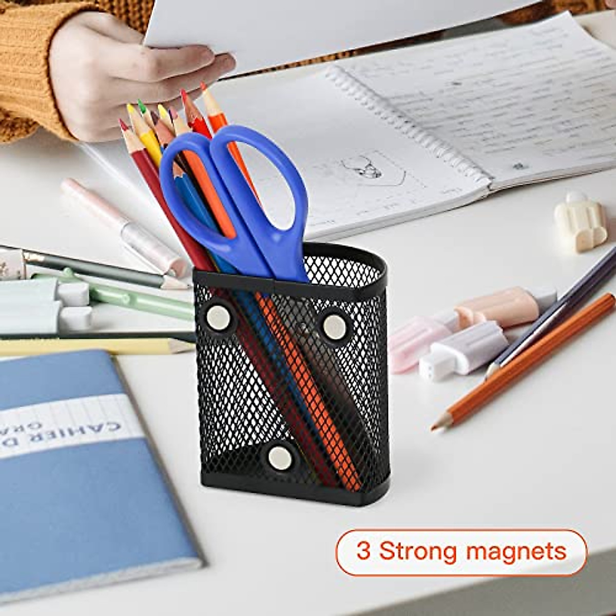 Aimeaihe Magnetic Pencil Holder, 2 Pack Mesh Magnetic Pen Holder for Refrigerator, Metal Writing Utensil Storage Organizer for Whiteboard, Black Locker Organizer for School, Office, Home