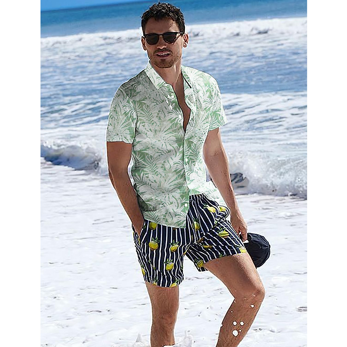 Yoimira Hawaiian Shirts for Men, Print Mens Casual Short Sleeve Button Down Shirts Floral Aloha Beach Shirt Light Green