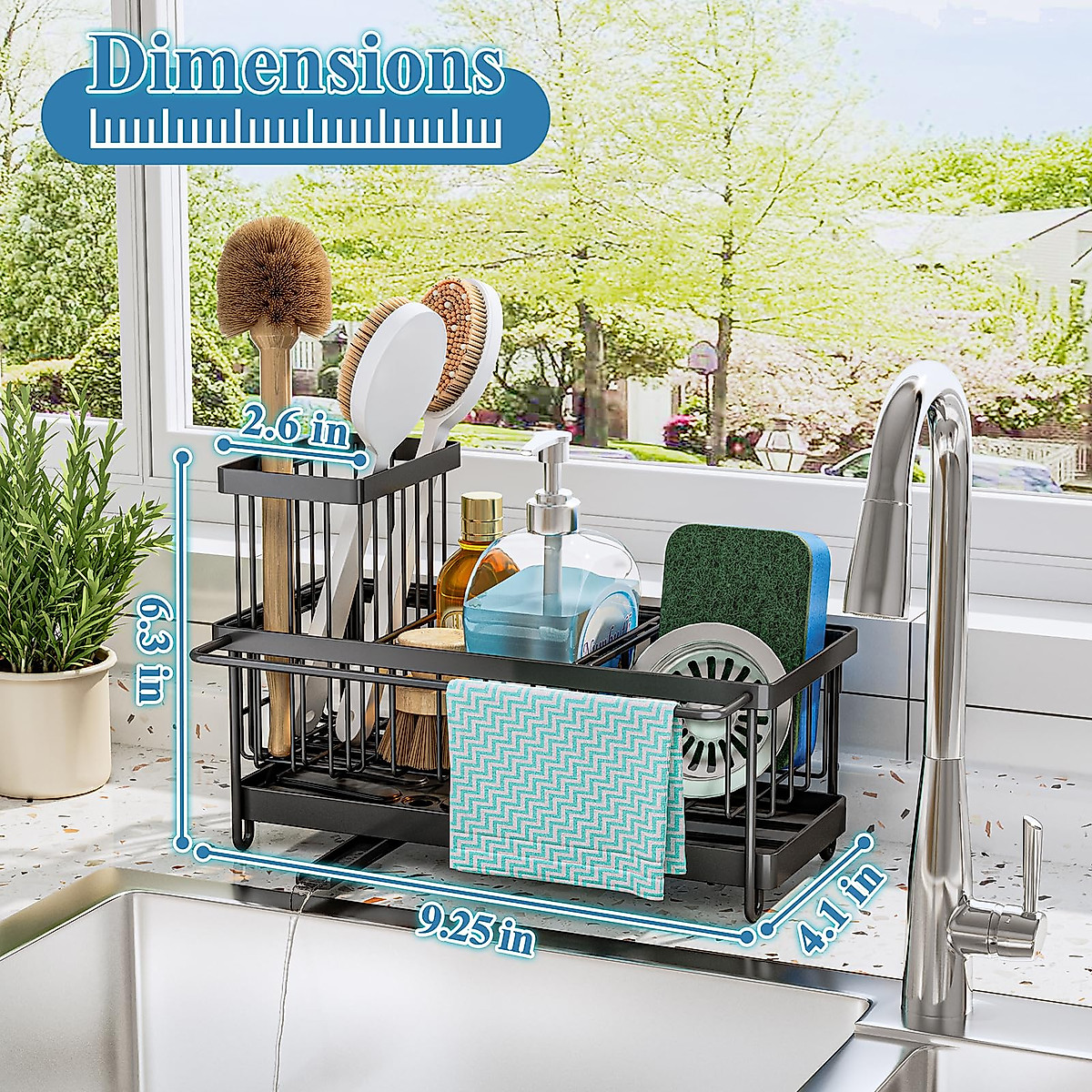 Spoge Holder for Kitchen Sink - Sink Caddy with Long Brush Holder & Divider, SUS304 Stainless Steel Kitchen Sink Organizer, Dish Soap Dispenser Kitchen Organization and Storage Accessories