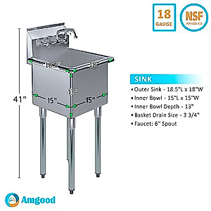 Stainless Steel Prep & Utility Sink With Faucet | 304 Stainless Steel | NSF | Inner Bowl Size:15" x 15" | Overall Size: 18.5" x 18" | Restaurant, Kitchen, Laundry, Garage
