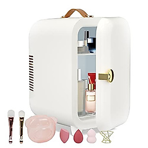 Cegsin Mini Fridge, 6 Liter/8 Cans Small Skincare Fridge, AC/DC Portable Mini Refrigerator, Compact Plug In Cooler and Warmer for Bedroom, Dorm, Office, Car, Beverage, Cosmetic & Makeup (Beige)